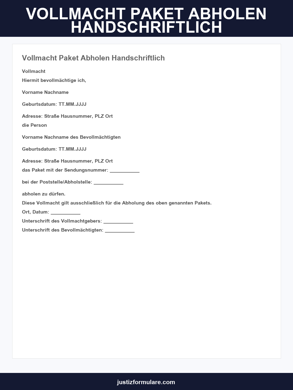 Vollmacht Paket Abholen Handschriftlich